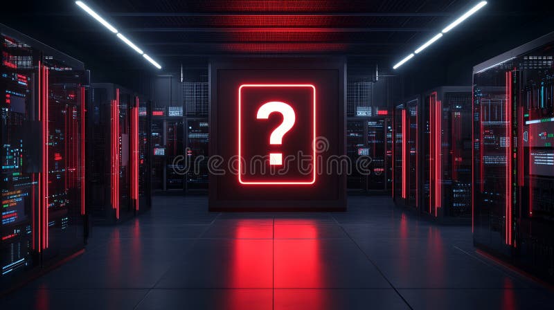 A Glowing Question Mark Sign in a Server Room Stock Illustration ...