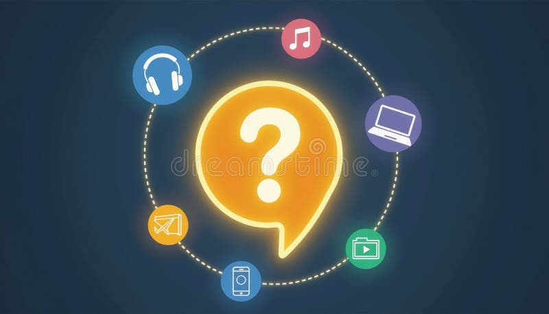 Glowing Question Mark Speech Bubble with Technology Icons ...