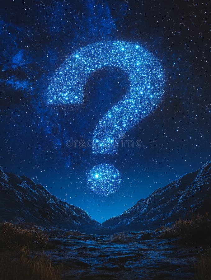 Glowing Question Mark in a Starry Night Sky between Two Mountains ...