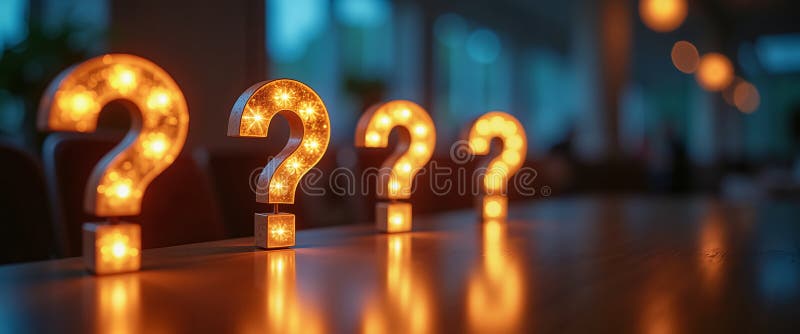Glowing Question Marks in Warm Tones on Wooden Table, Symbolizing ...