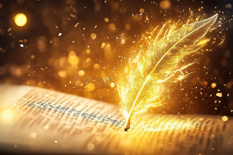 A Glowing Quill Pen Elegantly Writes on an Open Book, Surrounded by a ...