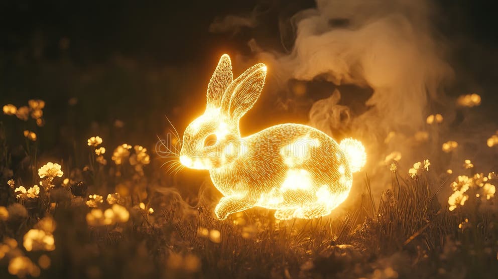 Glowing Rabbit in Field of Flowers Stock Photo - Image of golden ...