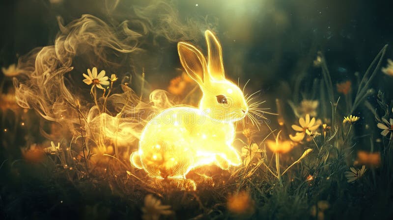 Glowing Rabbit in a Field of Flowers at Night Stock Illustration ...