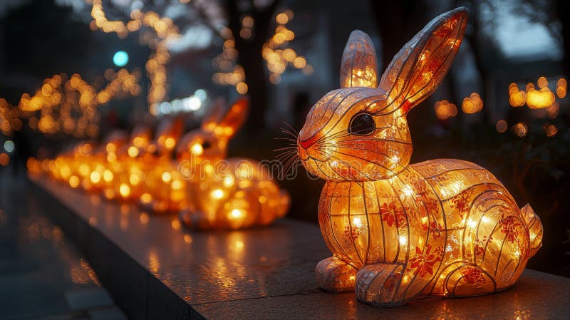 Glowing Rabbit Lanterns Illuminate a Festive Pathway during an Evening ...