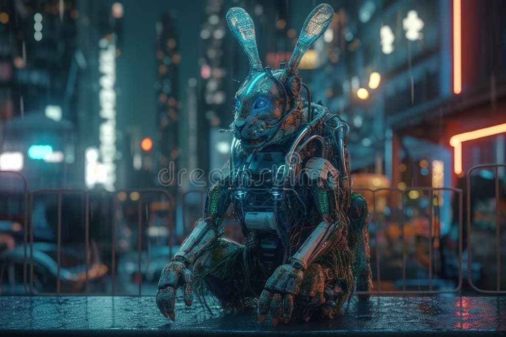 Glowing Rabbit and Robot Strike Awesome Pose in Bionic City Stock ...