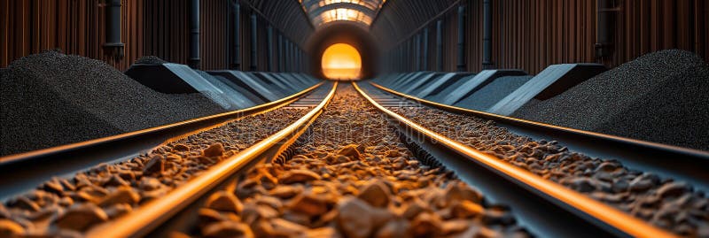 Glowing Railway Tracks in a Tunnel with Stone Heaps and Warm Light ...