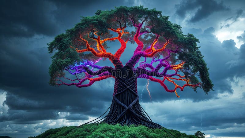 Glowing Rainbow Tree Standing Strong during Thunderstorm and Lightning ...