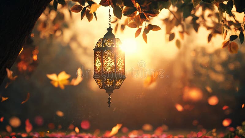 Glowing Ramadan Lantern Hanging from a Tree, Surrounded in a Serene ...