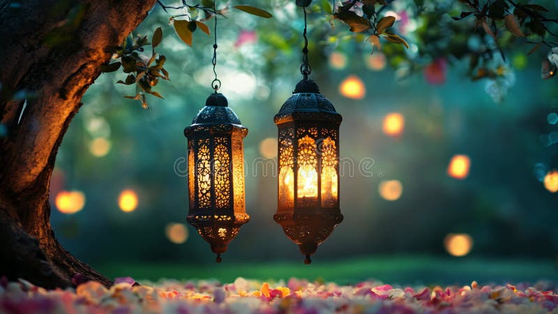 Glowing Ramadan Lanterns Hanging from a Tree, Surrounded in a Serene ...