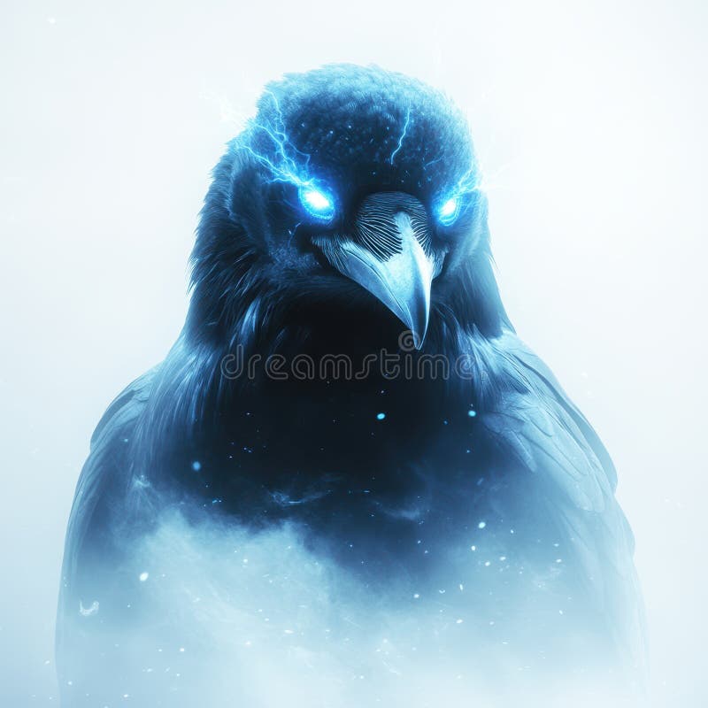 Glowing Raven with Electric Blue Eyes, Surrounded by Misty Aura Stock ...