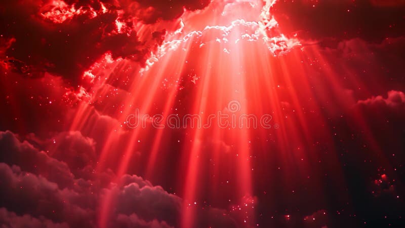 Glowing Rays of Red Light Shining through Dark Clouds in the Sky ...