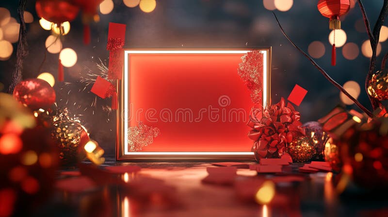 A Glowing Rectangular Frame Decorated with Red Envelopes and Stock ...