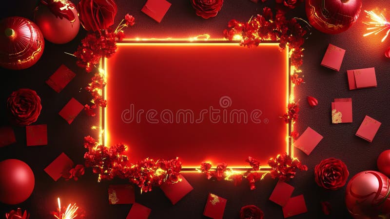 A Glowing Rectangular Frame Decorated with Red Envelopes and Stock ...