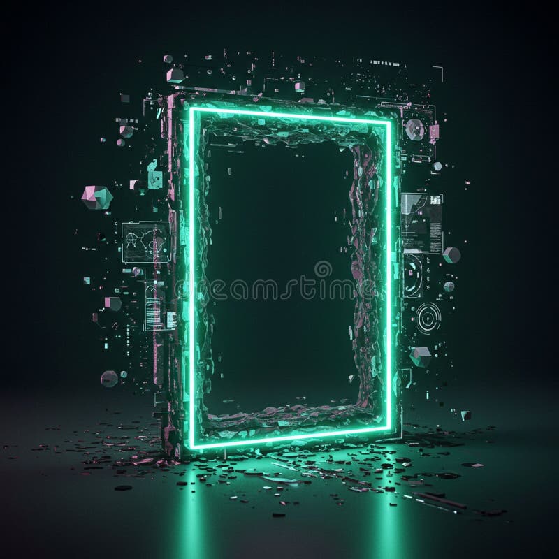 A Glowing Rectangular Frame, Emitting Bright Green Neon Light, Hovers ...