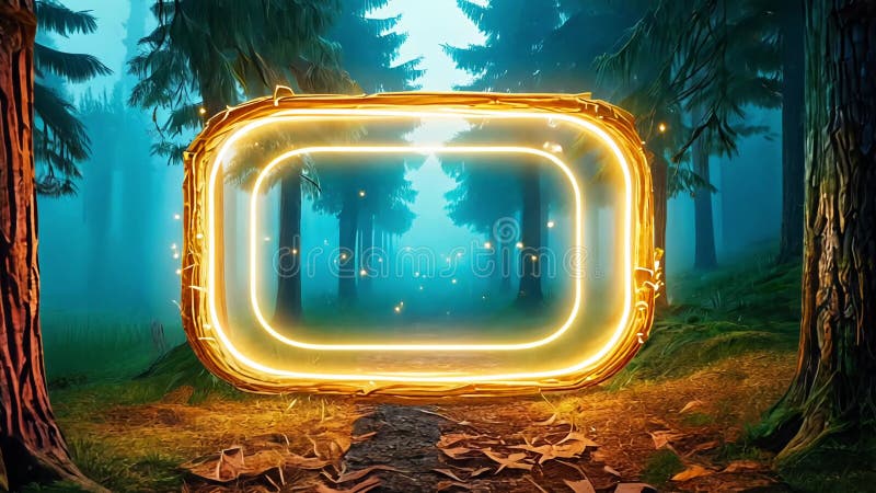 Glowing Rectangular Frame with Golden Lights Floating in Magical Forest ...