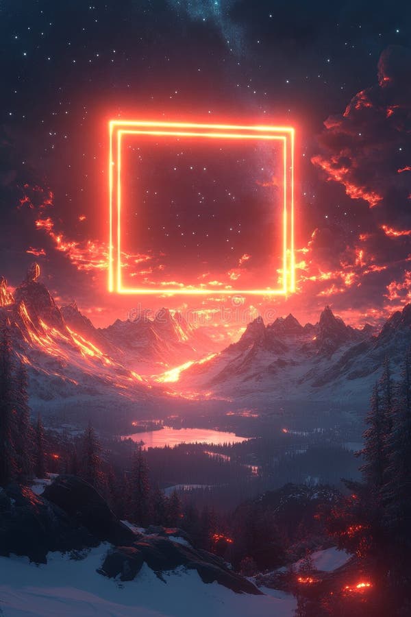 A Glowing Rectangular Frame Illuminates the Stunning Mountain Landscape ...