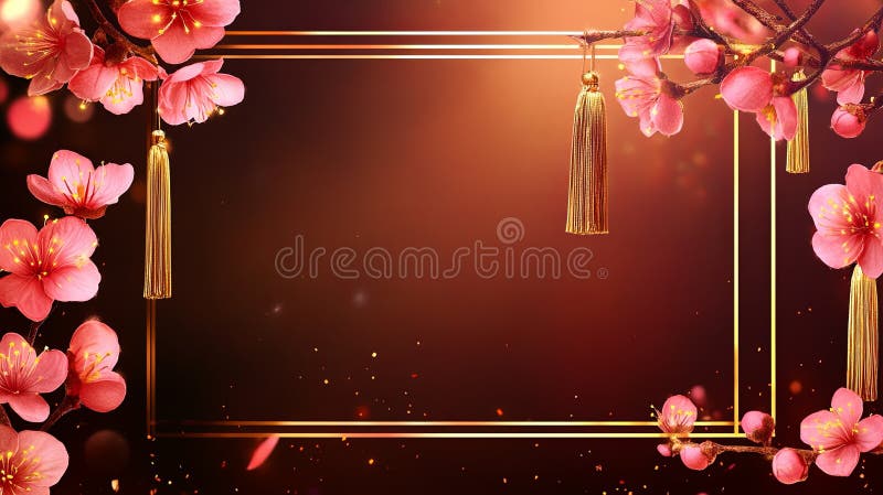 A Glowing Rectangular Frame with Peach Blossoms and Golden Tassels for ...