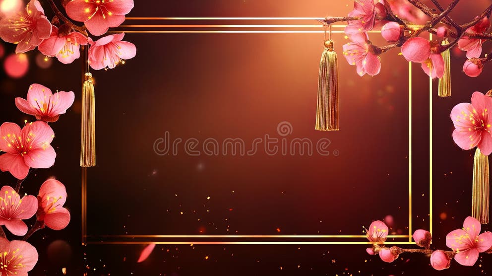 A Glowing Rectangular Frame with Peach Blossoms and Golden Tassels for ...