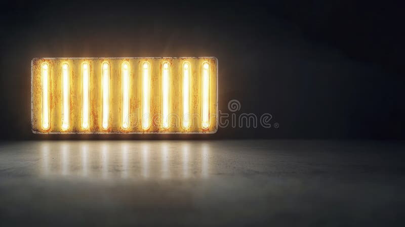 Glowing Rectangular Light Fixture with Rusty Frame on Dark Background ...