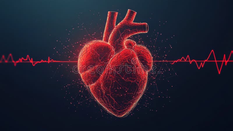 Glowing Red Anatomically Correct Human Heart with EKG Line on a Dark ...