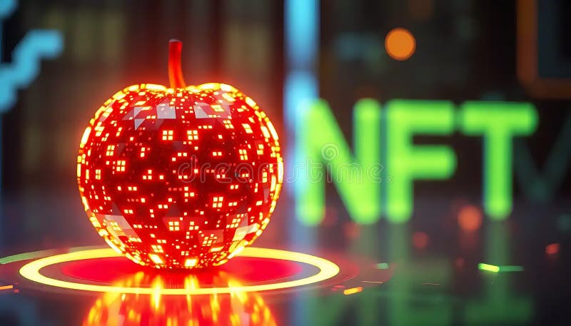 A Glowing Red Apple with Electronic Squares Stands Prominently Stock ...
