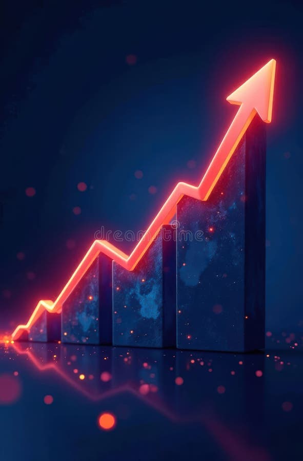 Glowing Red Arrow Increasing Over Growing Bar Chart on Reflective ...