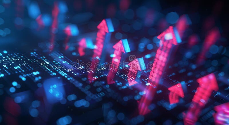 Glowing Red Arrows on Digital Circuit Board Background Stock Photo ...