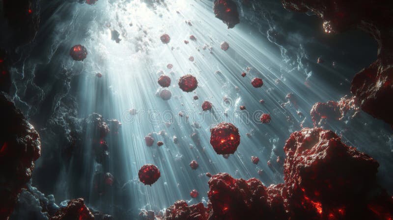 Glowing Red Asteroids Falling through Cosmic Rays Stock Illustration ...