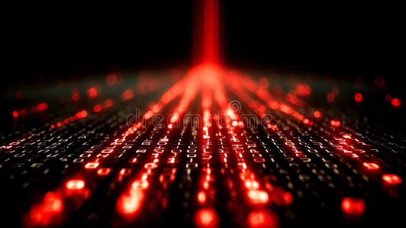 Glowing Red Binary Code Lines Streaming on Dark Background in Digital Cyberspace. Stock ...