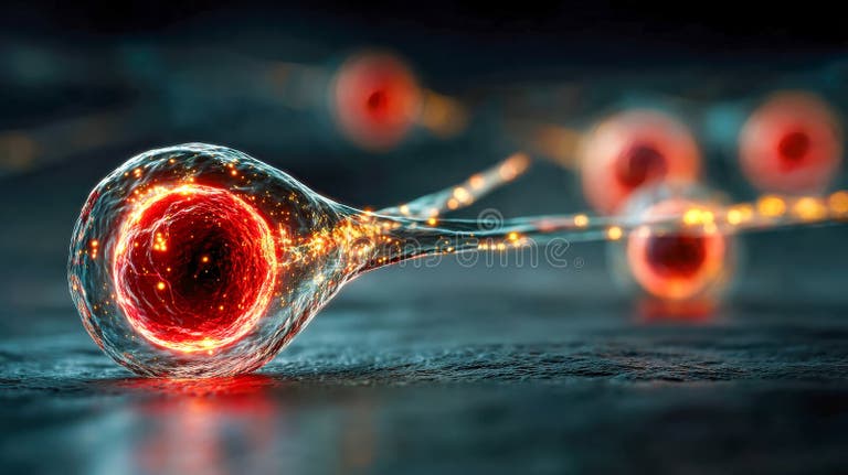 Glowing Red Biological Cell Connected To Neural Network Strands, Macro ...