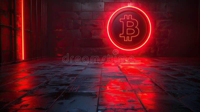 A Glowing Red Bitcoin in a Dark Room Stock Illustration - Illustration ...