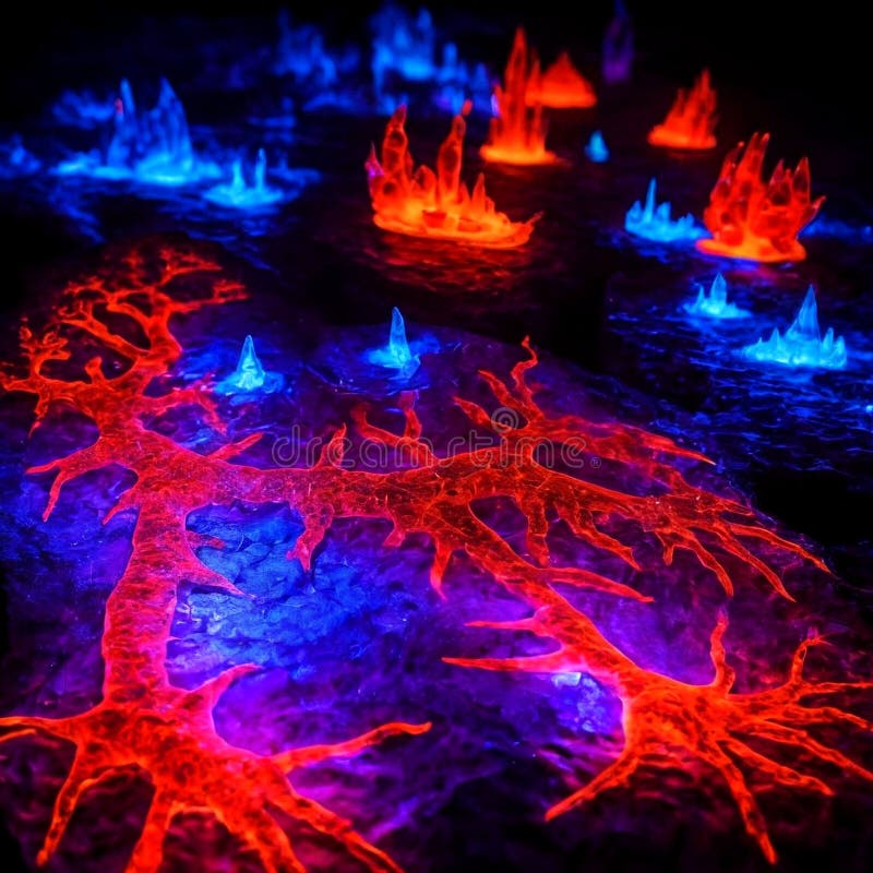 Red and Blue Crystal Formations in a Cave Stock Illustration ...