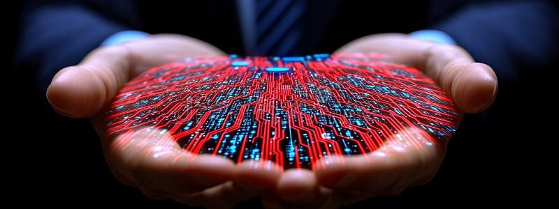 Glowing Red and Blue Data Streams Held in Hands Stock Illustration ...