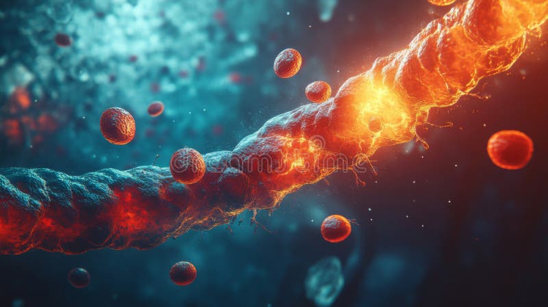 Glowing Red and Blue DNA Strand with Particles Stock Illustration ...