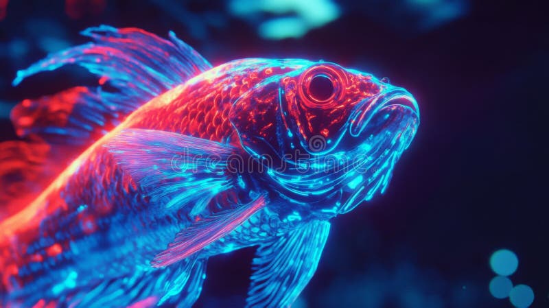 Glowing Red and Blue Fish in Dark Underwater Scene Stock Illustration ...