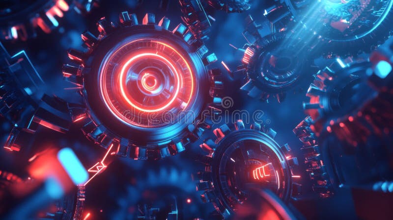 Glowing Red and Blue Gears in a Futuristic Machine Stock Illustration ...