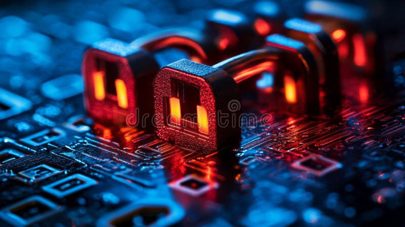 Glowing Red and Blue Padlocks on Circuit Board Stock Illustration ...
