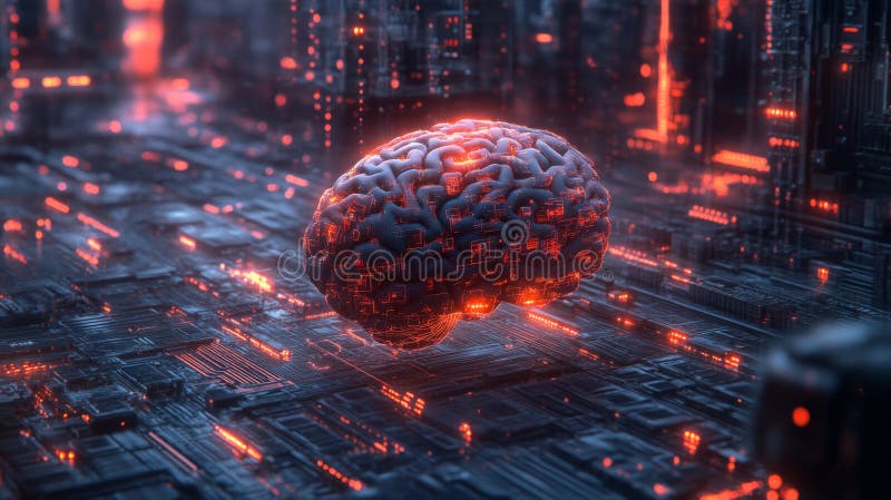 Glowing Red Brain on a Circuit Board Stock Illustration - Illustration ...