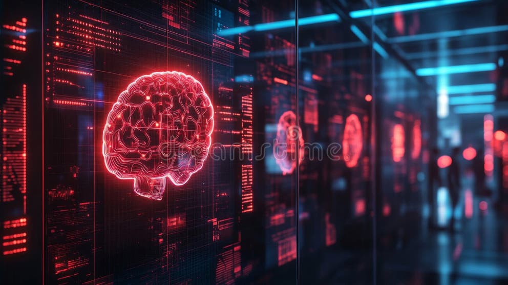 Glowing Red Brain Data Network in Modern Data Center Stock Illustration ...