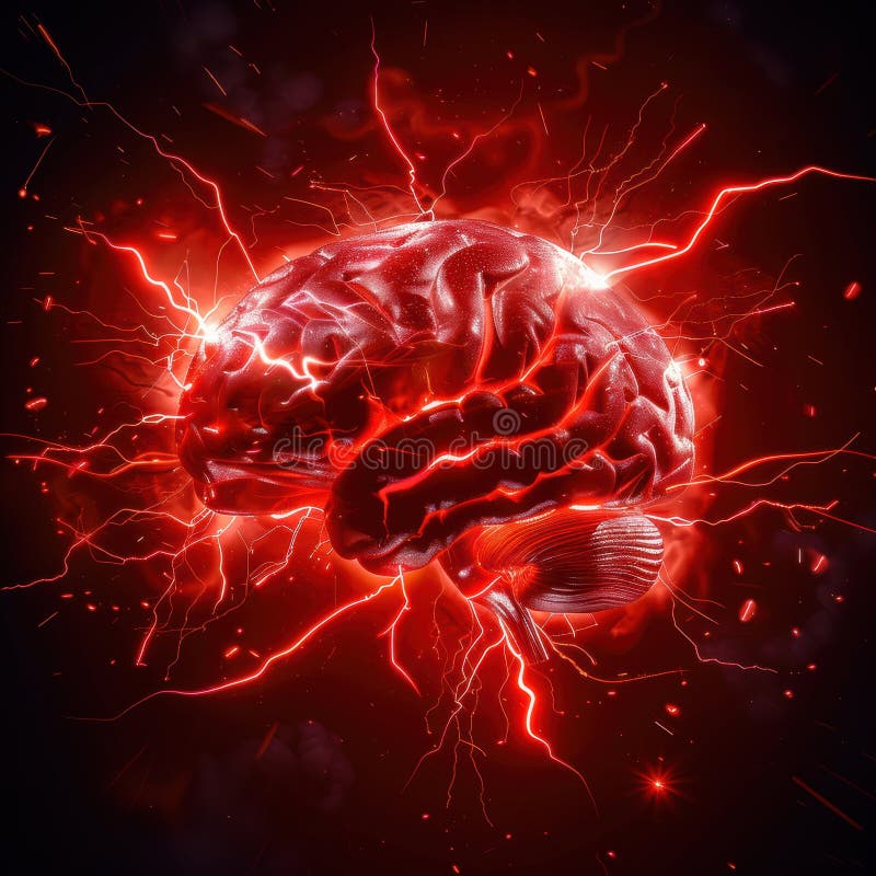 Glowing Red Brain with Electrical Impulses Stock Illustration ...