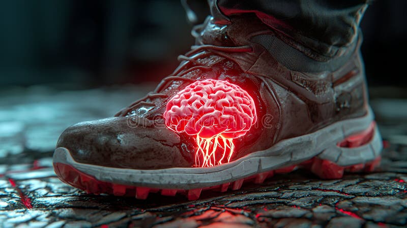 Glowing Red Brain Inside Worn Hiking Boot on Dark Ground Stock ...