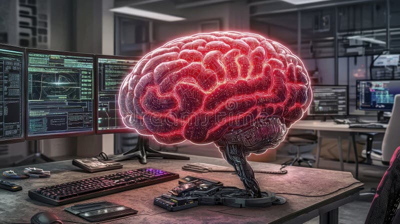 Glowing Red Brain Model on Desk in Modern Office with Data Screens ...