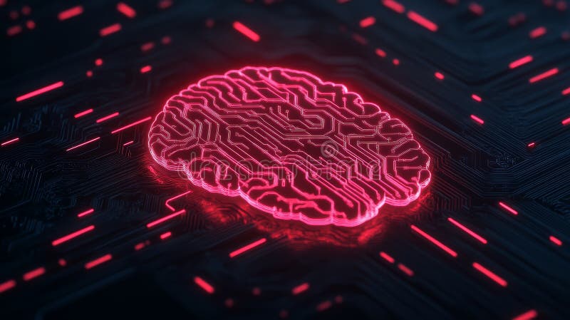 A Glowing Red Brain Sits on a Dark Digital Background. the Brain is ...