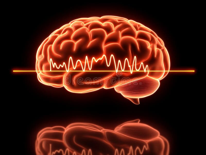 Glowing Red Brain Surrounded by Pulsating Waveforms Symbolizing ...