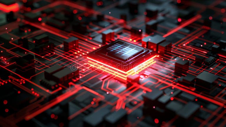 Glowing Red Circuit Board with Central Processor at Night Stock Image ...