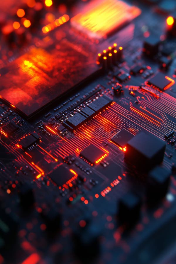 Glowing Red Circuit Board with Microchips and Traces in Dark ...