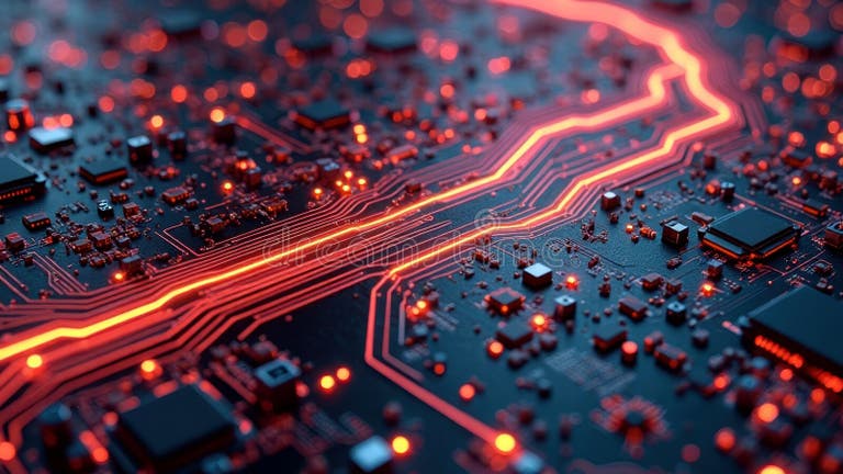 Glowing Red Circuit Pathways on a Microchip Surface Stock Illustration ...
