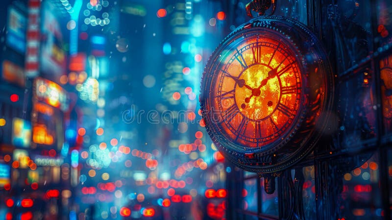 A Glowing Red Clock in Front of a Rainy, Busy Cityscape at Night Stock ...