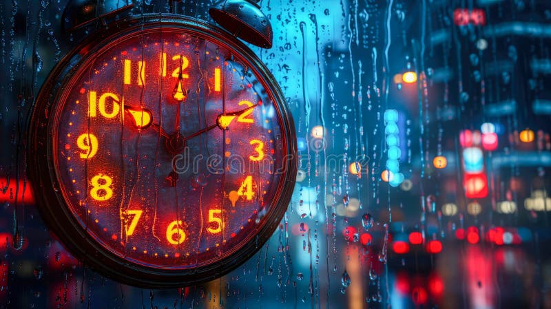 A Glowing Red Clock in Front of a Rainy, Busy Cityscape at Night Stock ...