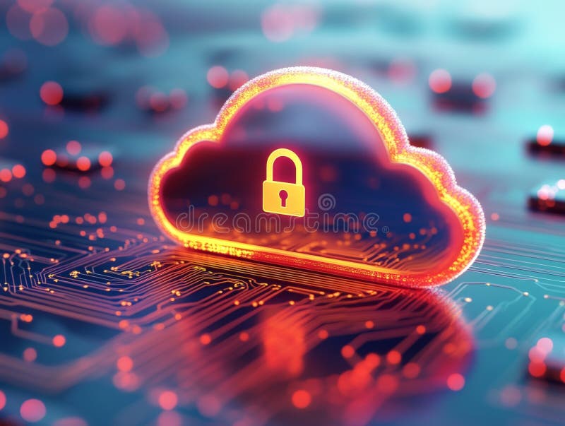 Glowing Red Cloud Icon with a Central Lock Surrounded by Cyber ...